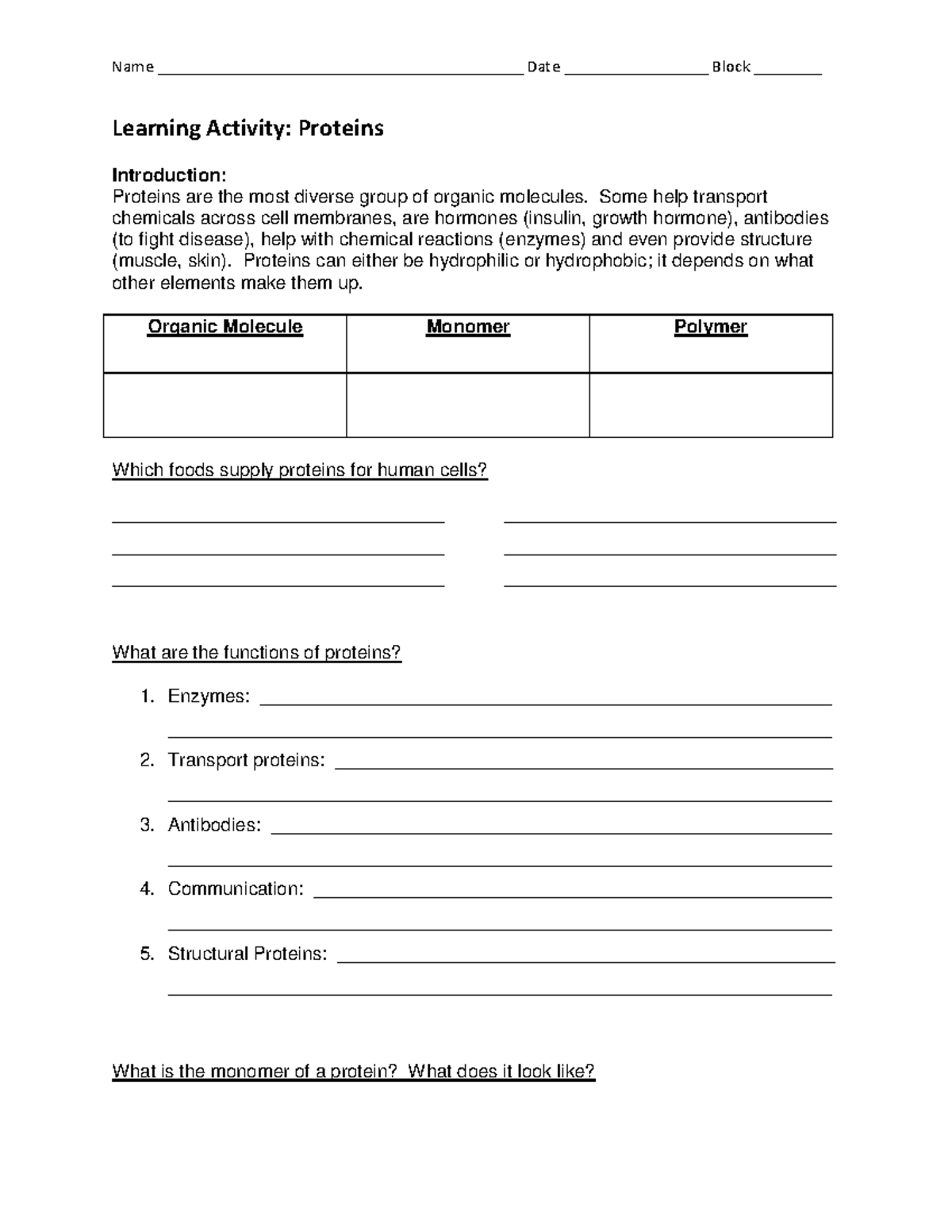 Protein Cut Out - Learning Activity: Proteins Introduction: Proteins ...