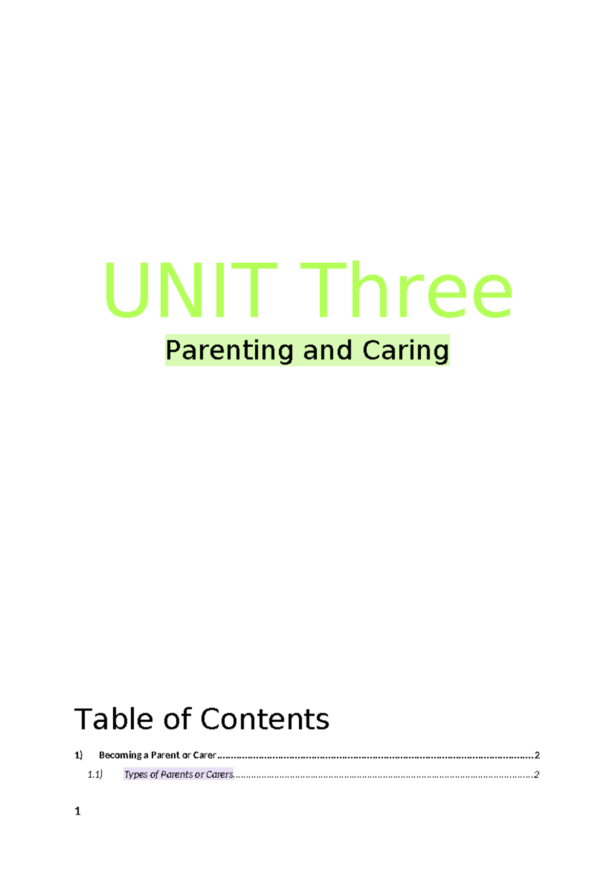 Parenting and Caring - UNIT Three Parenting and Caring Table of ...