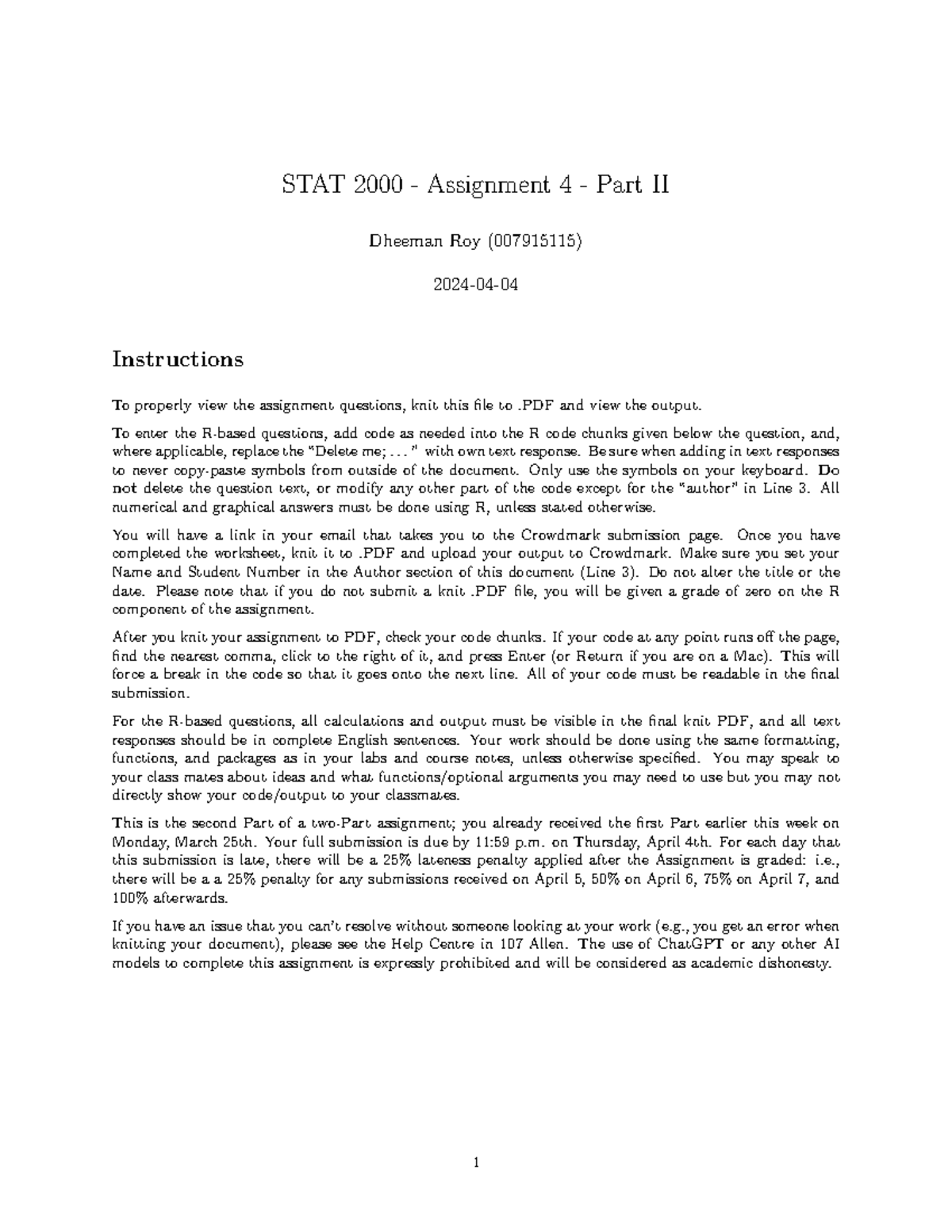 STAT 2000 A4 Part II SV - Assignment for STAT 2000. - STAT 2000 - Assignment 4 - Part II Dheeman ...