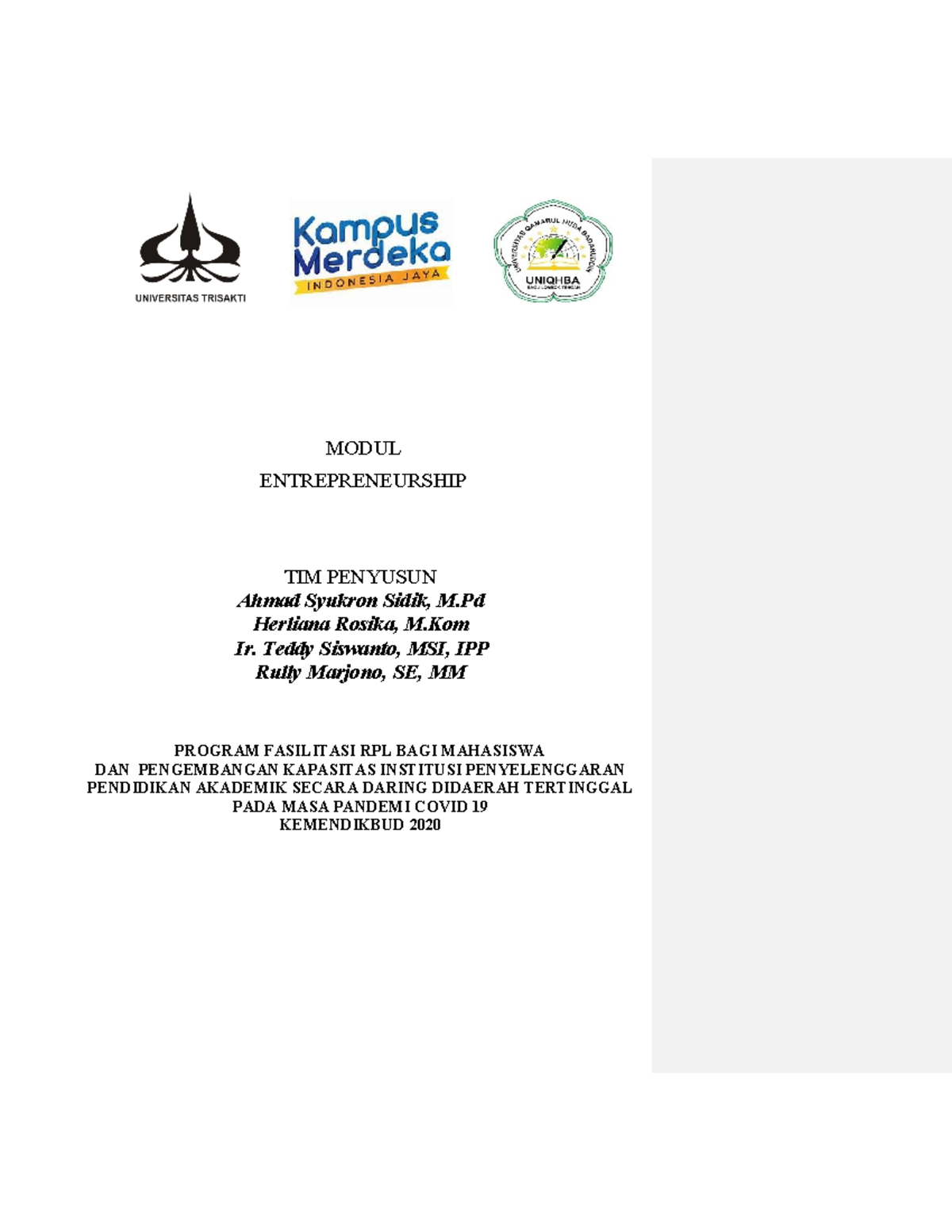 Modul Entrepreneurship - MODUL ENTREPRENEURSHIP TIM PENYUSUN Ahmad ...