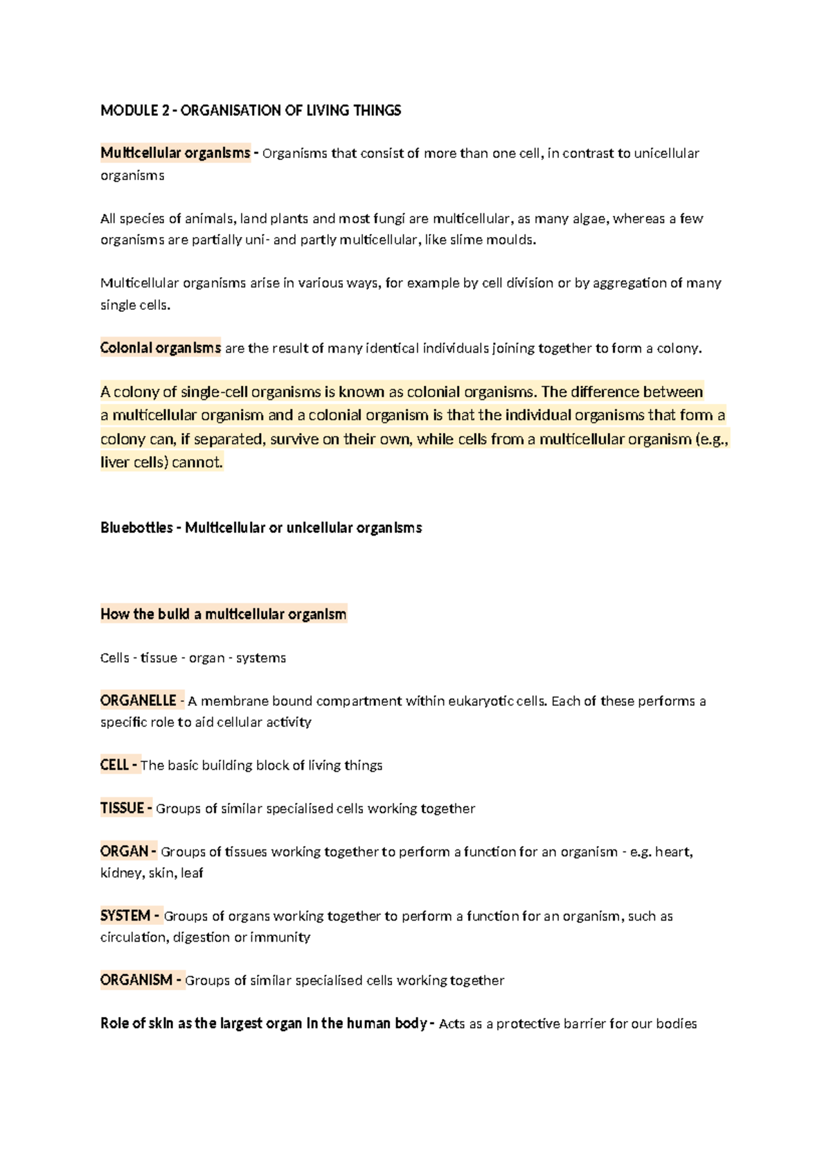 Bio Notes - MODULE 2 - ORGANISATION OF LIVING THINGS Multicellular ...