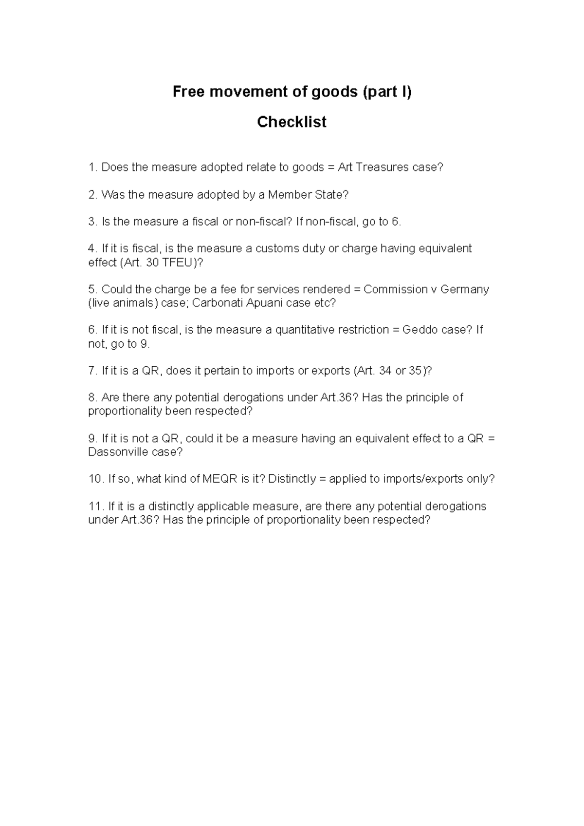 Free Movement of Goods I Checklist - Free movement of goods (part I ...