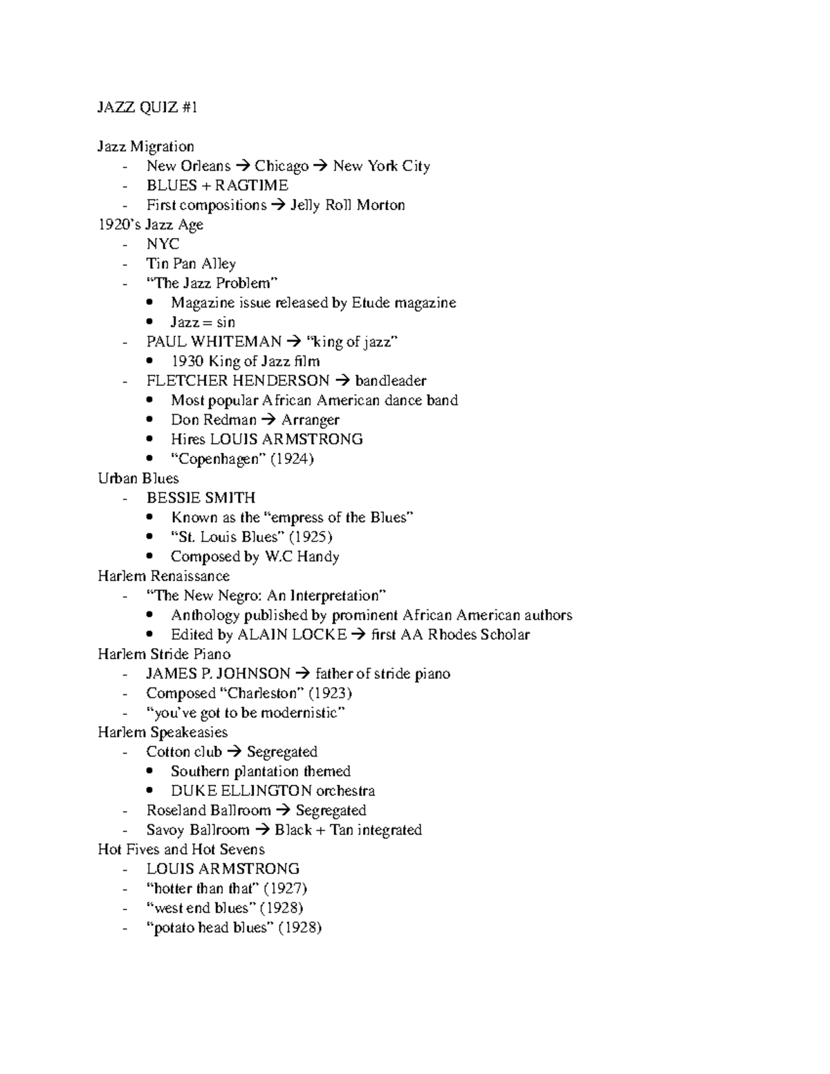 JAZZ QUIZ 1 NOTES - JAZZ QUIZ Jazz Migration - New Orleans Chicago New ...