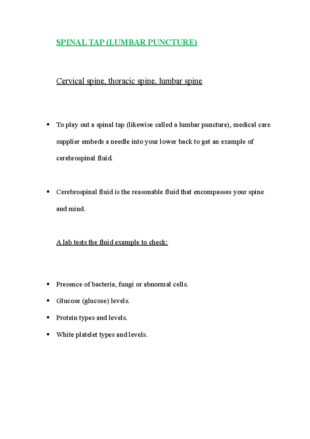 Spinal TAP ( Lumbar Puncture) - SPINAL TAP (LUMBAR PUNCTURE) Cervical ...