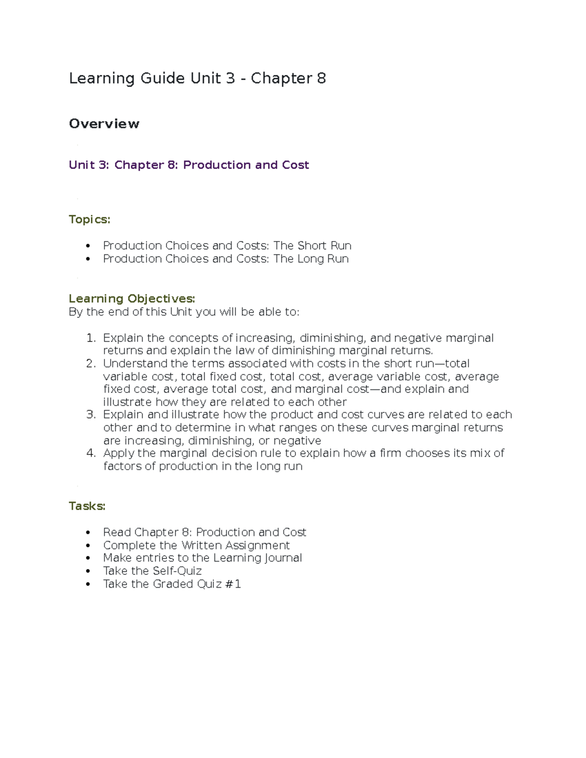 Learning Guide Unit 3 - Understand the terms associated with costs in the short run—total ...