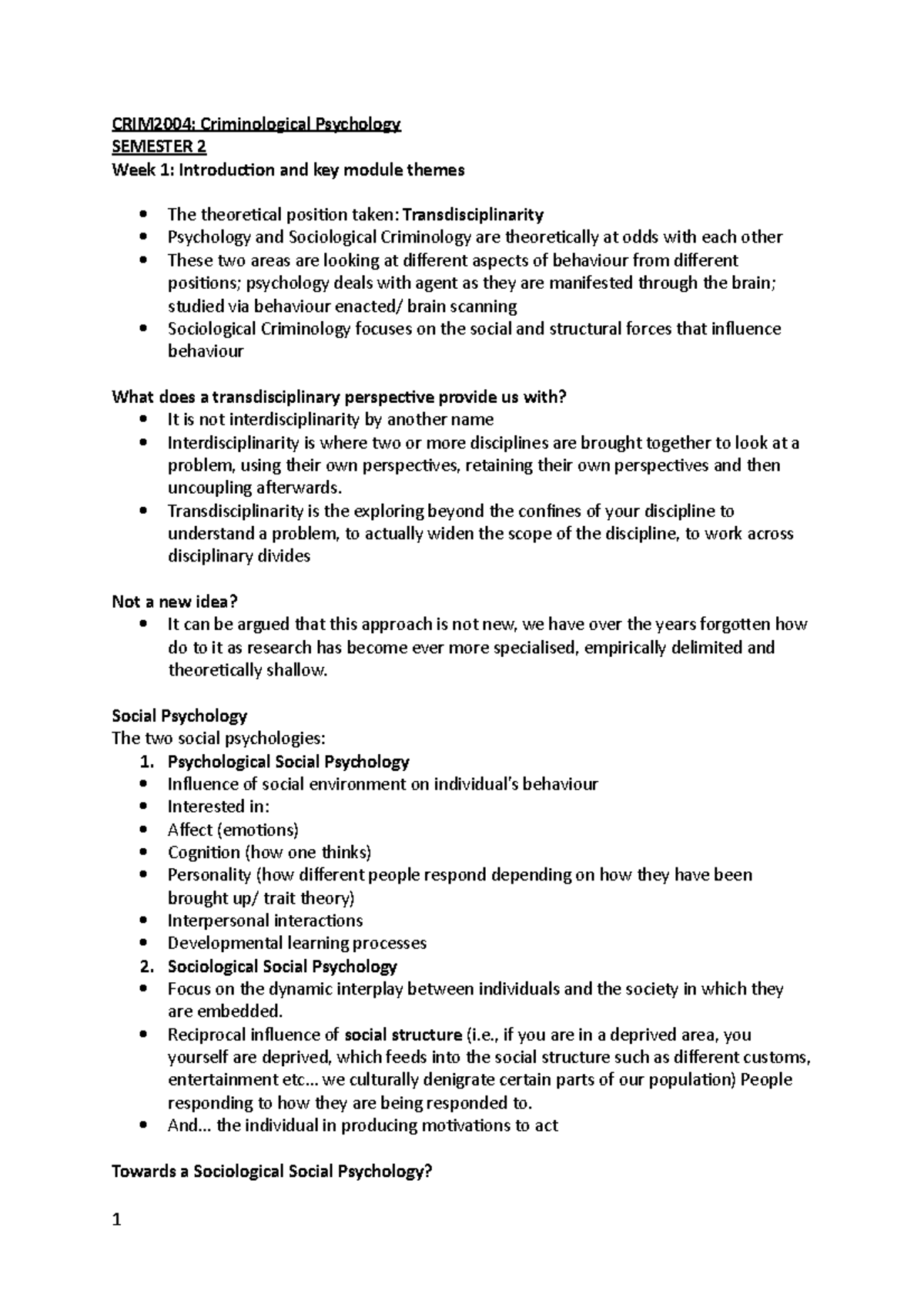 CRIM2004 - Lecture notes 1-14 - CRIM2004: Criminological Psychology ...