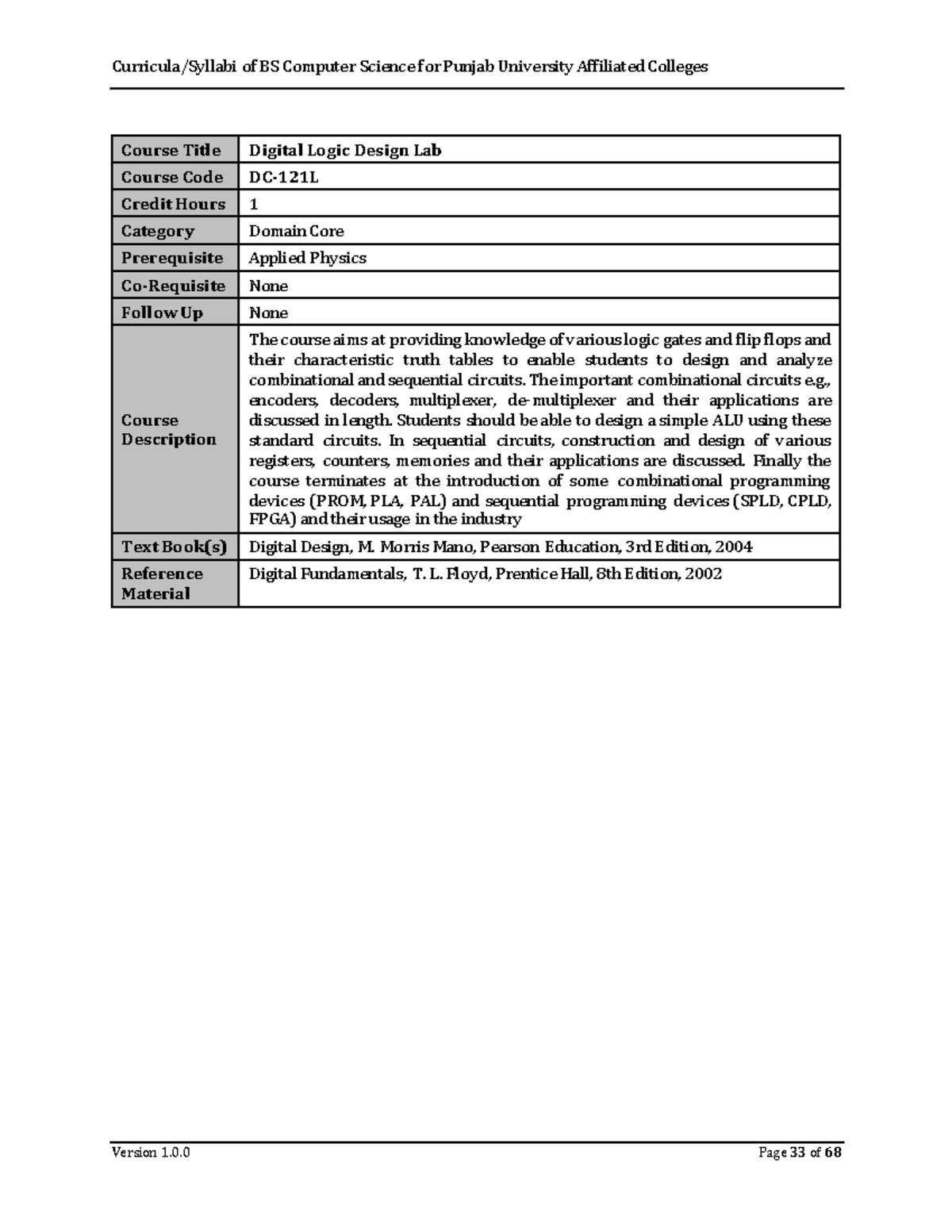 DC-121L Lab Outline - Curricula/Syllabi of BS Computer Science for Punjab University Affiliated ...