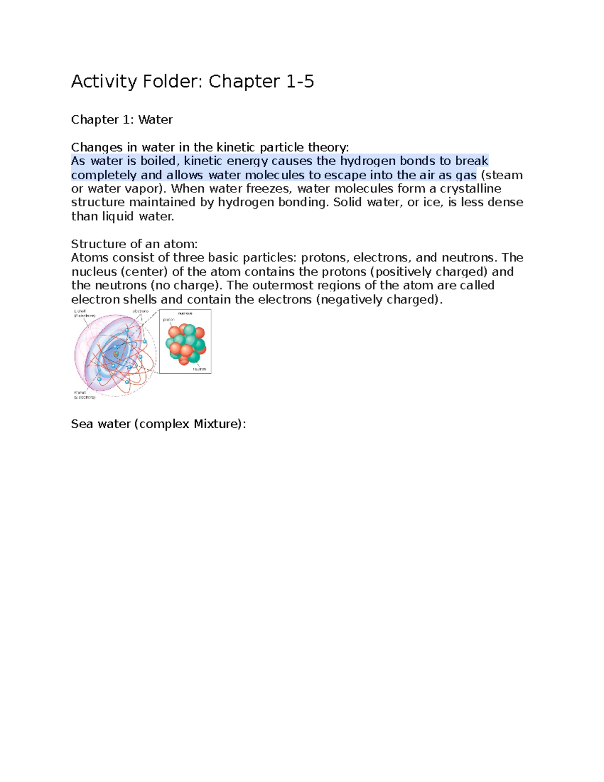 Activity Folder - notes - Activity Folder: Chapter 1- Chapter 1: Water ...