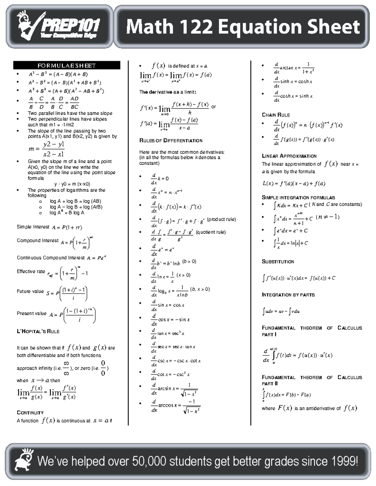 Equation sheet - Math฀122฀Equation฀Sheet We’ve helped over 50,000 ...