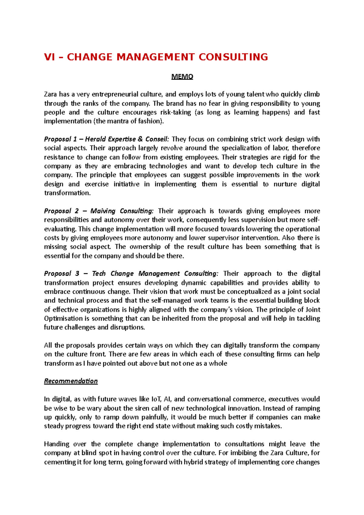 Assignment 6,7 - doc - VI – CHANGE MANAGEMENT CONSULTING MEMO Zara has ...