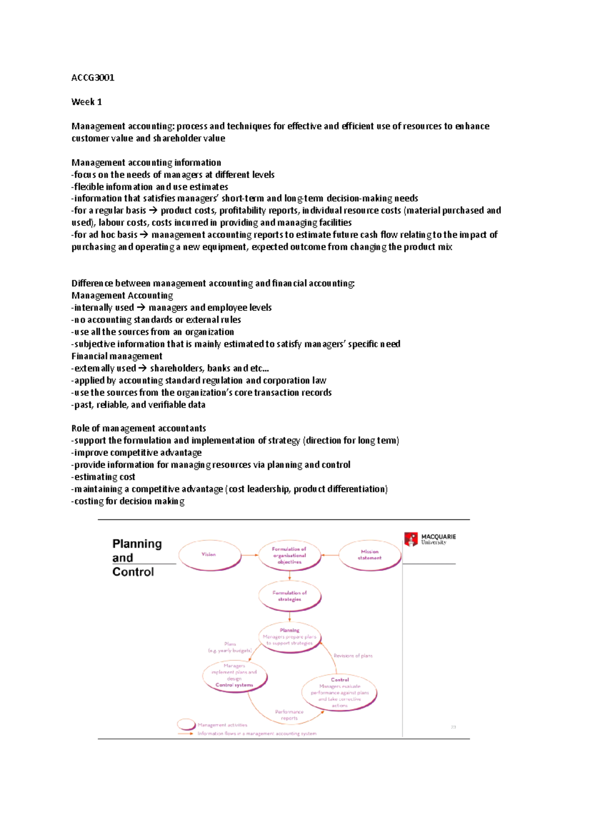 ACCG3001 - week 1-10 - ACCG Week 1 Management accounting: process and ...