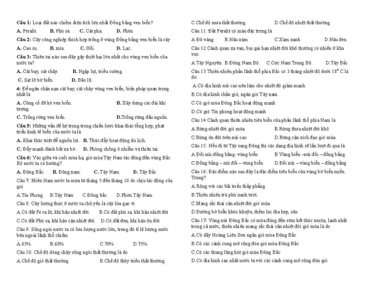 địa - ghgc - Câu 1: Loại đất nào chiếm diện tích lớn nhất Đồng bằng ven ...