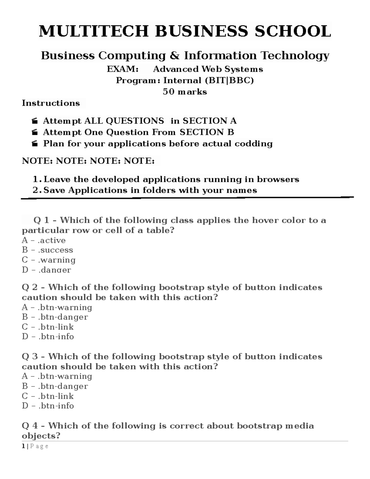 Sample/practice exam 12 October 2011, questions - MULTITECH BUSINESS SCHOOL Business Computing ...