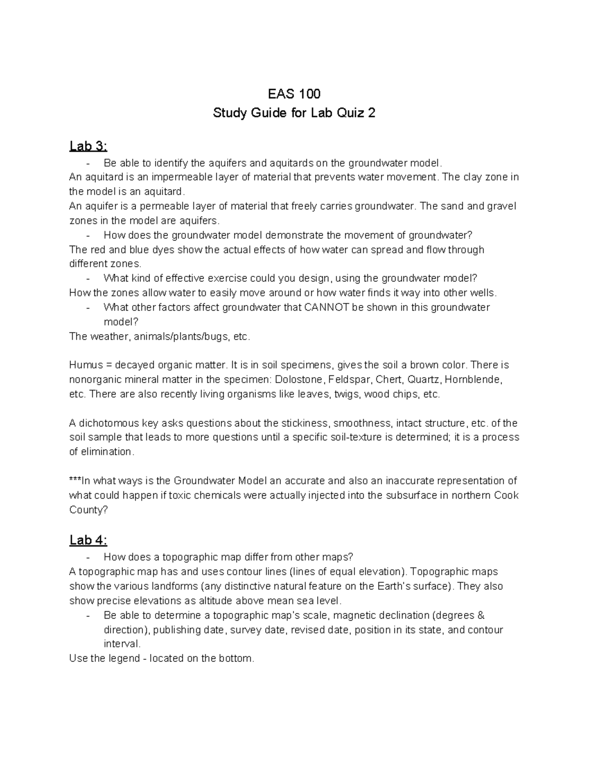 EAS 100 Lab Quiz 2 Study Guide - EAS 100 Study Guide for Lab Quiz 2 Lab 3: - Be able to identify ...