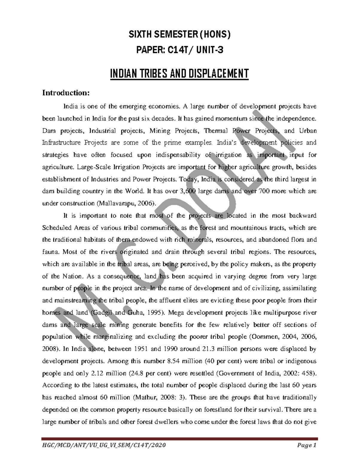 VI-SEM C14T Tribal-Displacement - SIXTH SEMESTER (HONS) PAPER: C14T ...