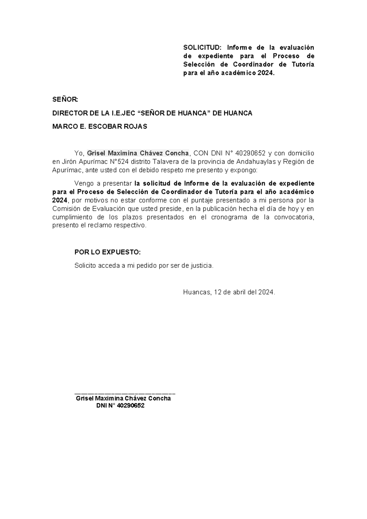Solicitud de reclamo - SOLICITUD: Informe de la evaluación de expediente para el Proceso de ...