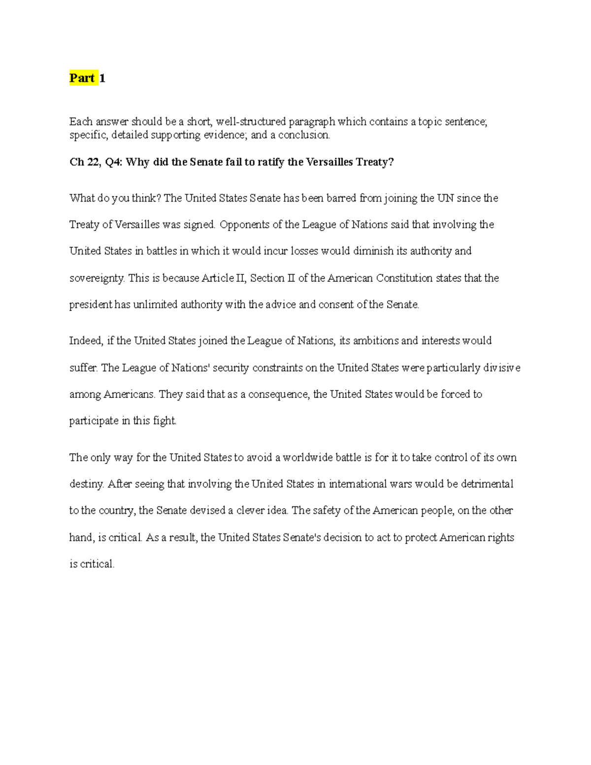 USA History 19th century - Part 1 Each answer should be a short, well ...