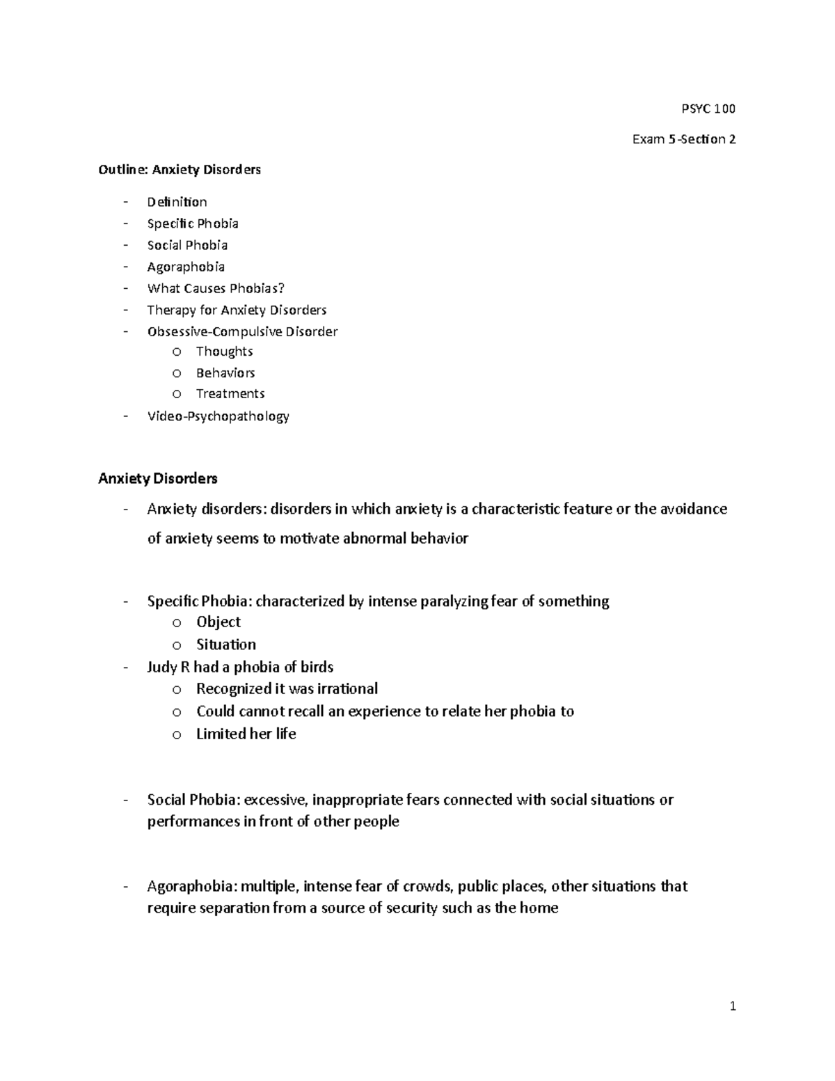 Chapter 5 Section 2 Psyc 100 Exam 5 Section 2 Outline Anxiety