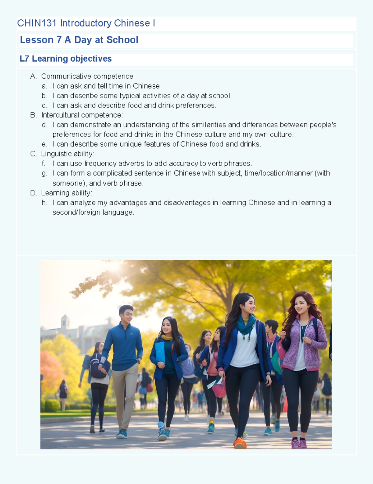 Lesson 7 A Day at School - slides - CHIN131 Introductory Chinese I ...