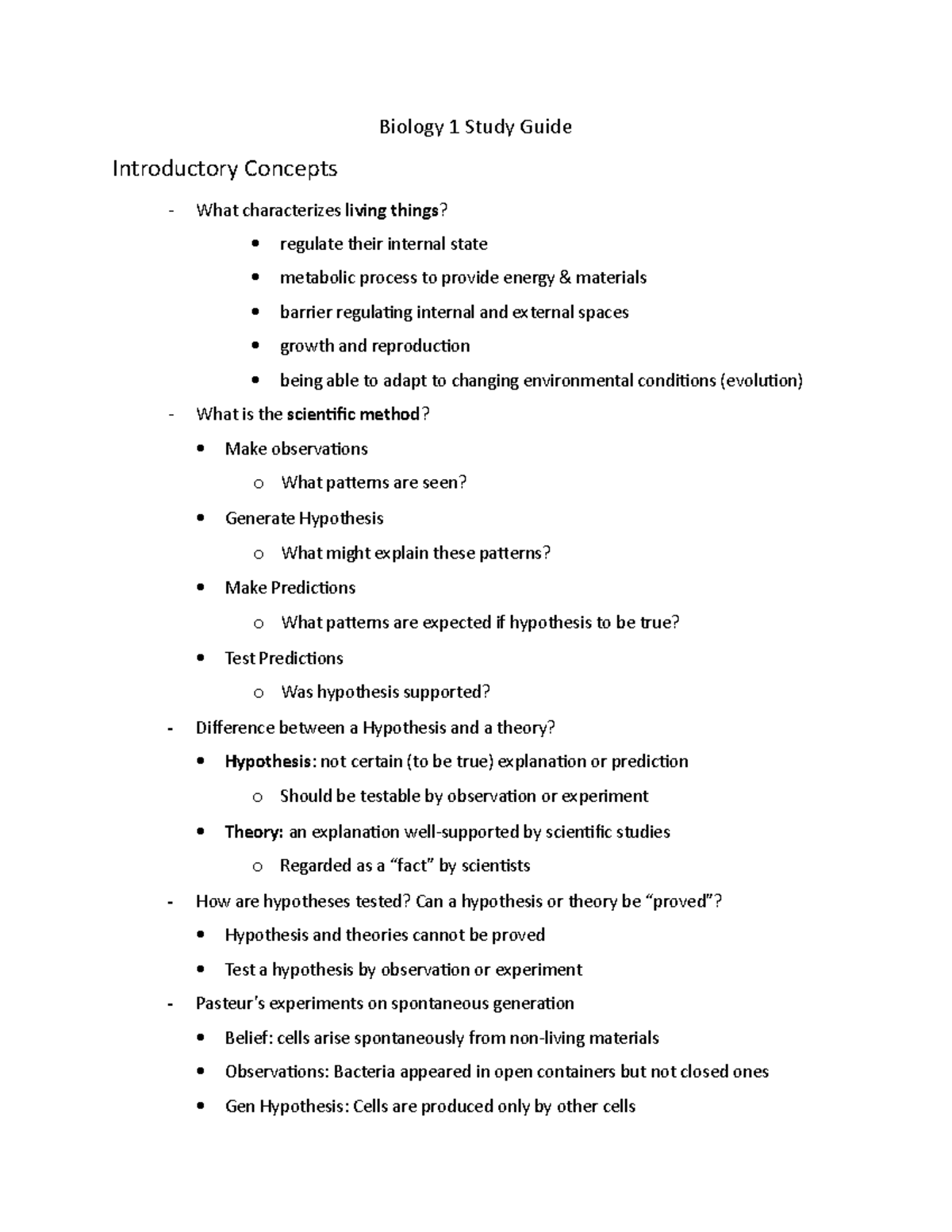 Biology 1 Study Guide - Biology 1 Study Guide Introductory Concepts ...