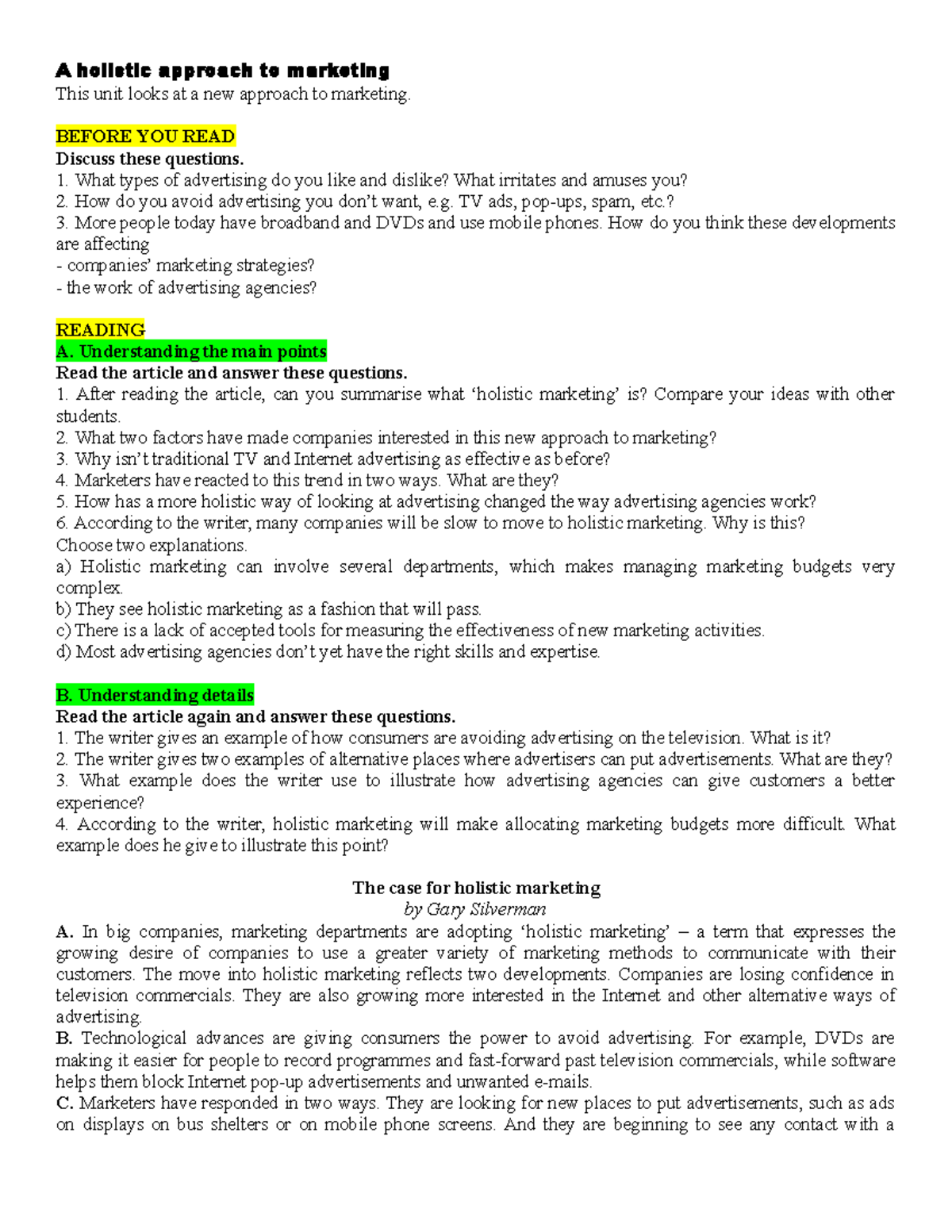 Reading Materials HP2CTTT - A holistic approach to marketing This unit ...