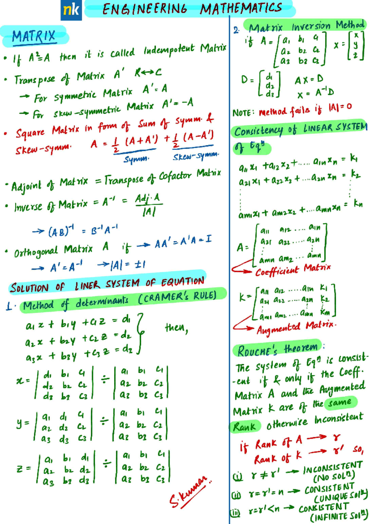 Cheetsheet - nk ENGINEERING MATHEMATICS 2. Matrix Inversion Method MATRIX if A a, b1 a x If A A ...