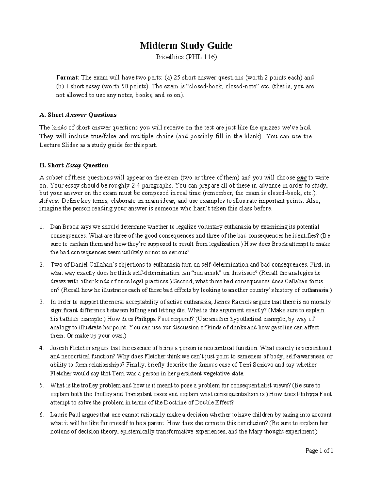 Midterm Study Guide - Page 1 of 1 Midterm Study Guide Bioethics (PHL ...