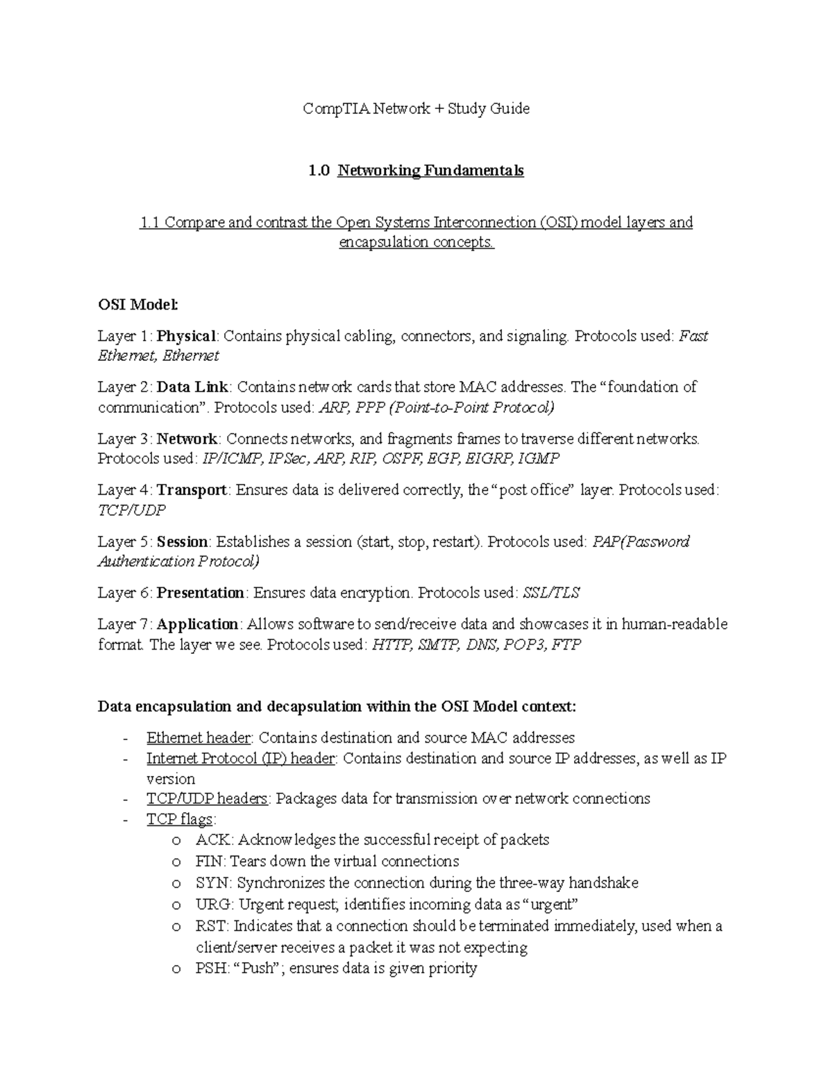 Comp TIA Network+ Self Made study guide - CompTIA Network + Study Guide 1 Networking ...