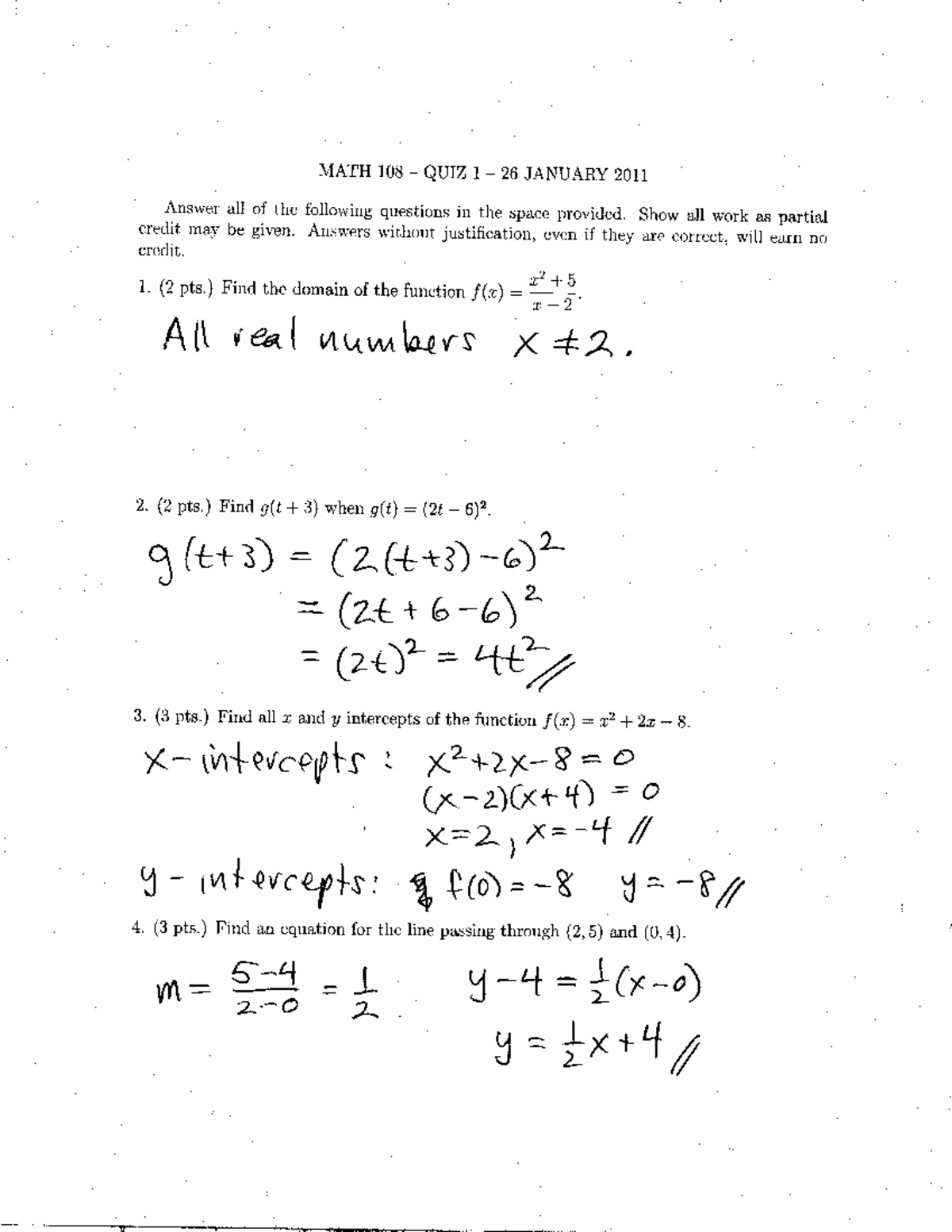 Quiz 01 Answers - MATH 108 QUrZ r _ 26 JANUARY 2011 Answer all of the ...