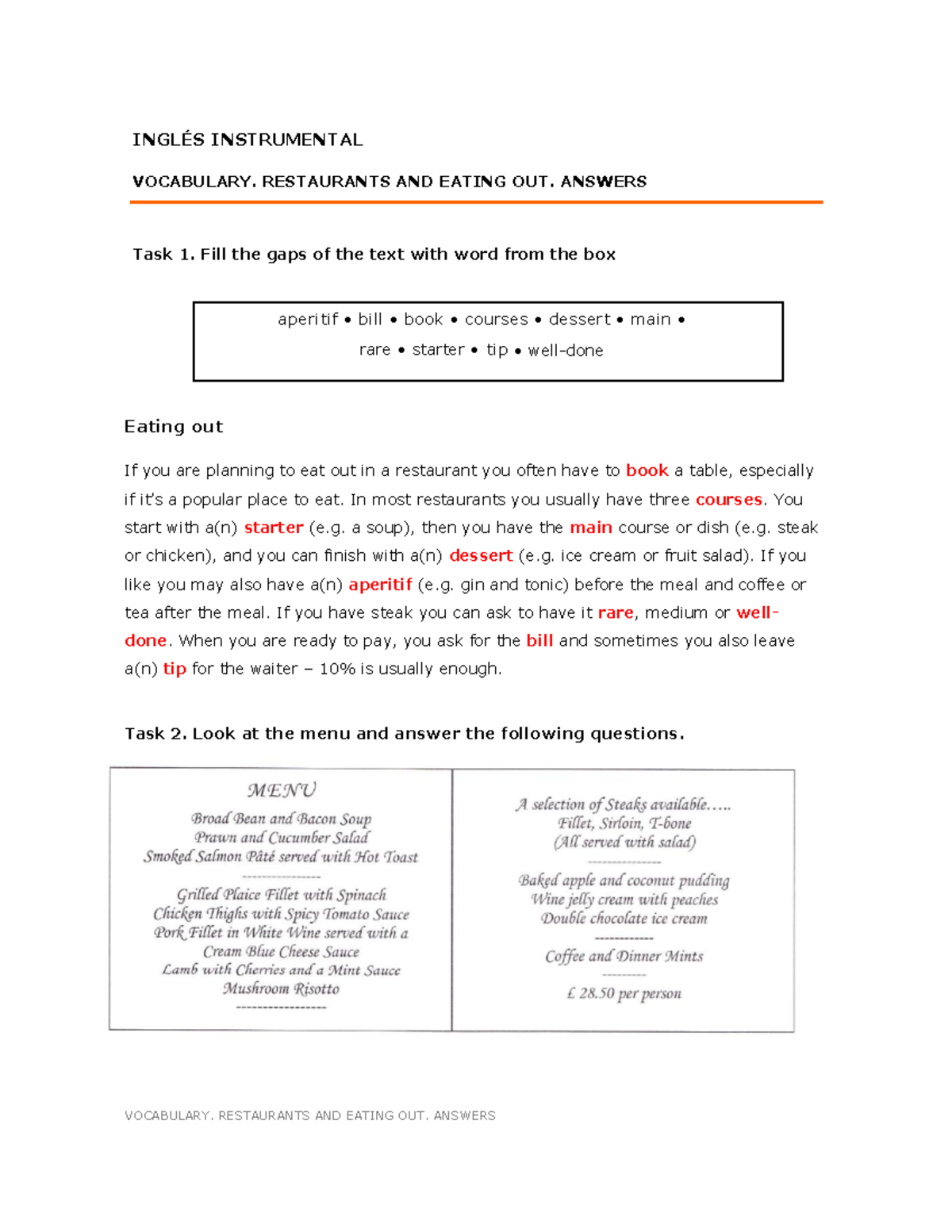 Vocabulary. Restaurants and Eating Out (Key) - INGLÉS INSTRUMENTAL ...