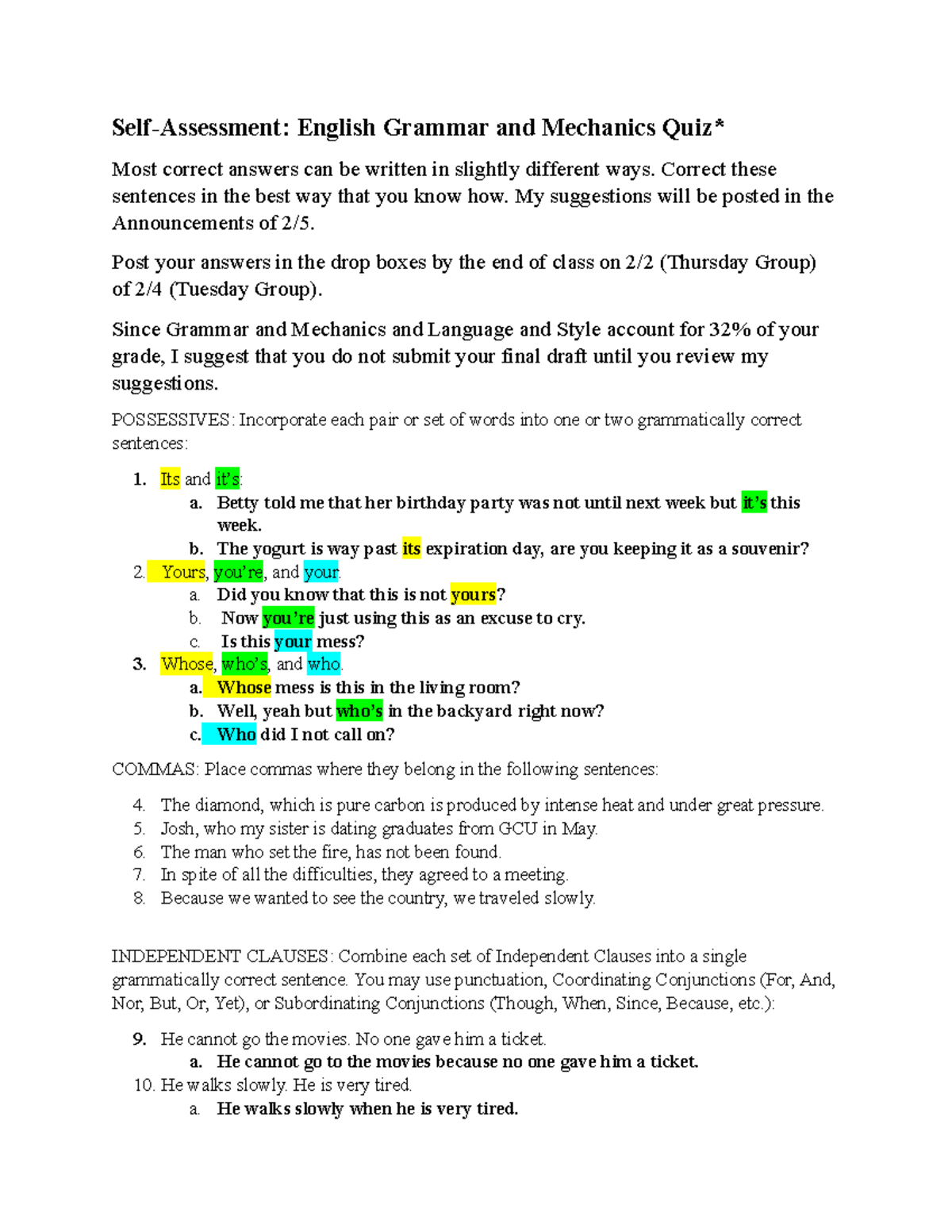 Elements of Style Quiz Questions- Turned IN - Self-Assessment: English ...