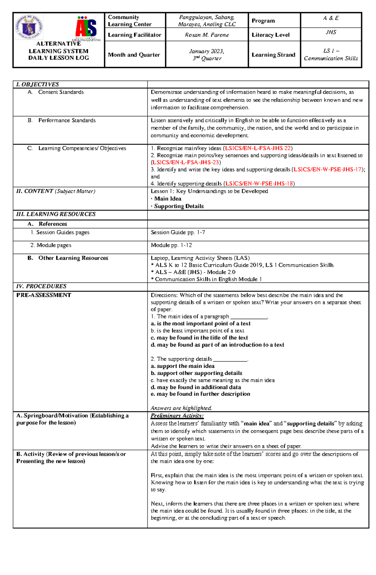 DLL LS1-Module-1-Lesson-1-Main-Idea - ALTERNATIVE LEARNING SYSTEM DAILY ...