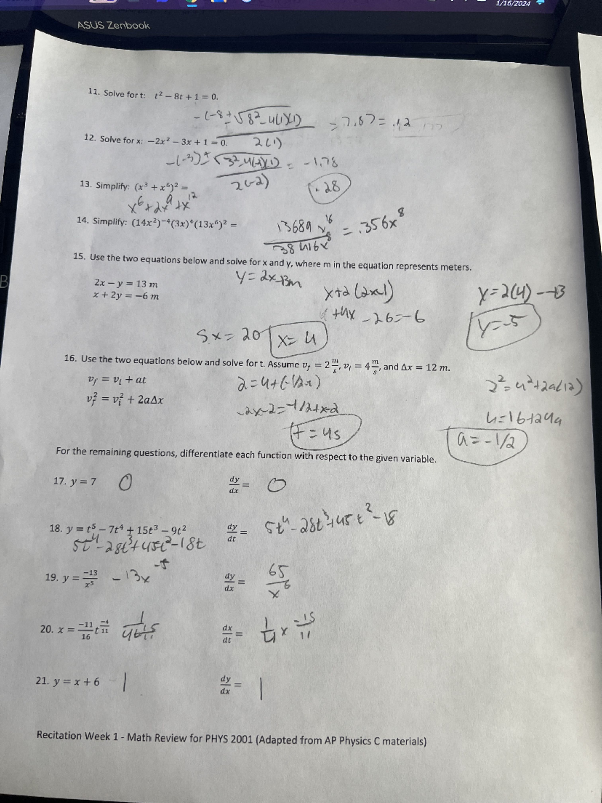 Recitation HW1 - PHYS2001 - Studocu