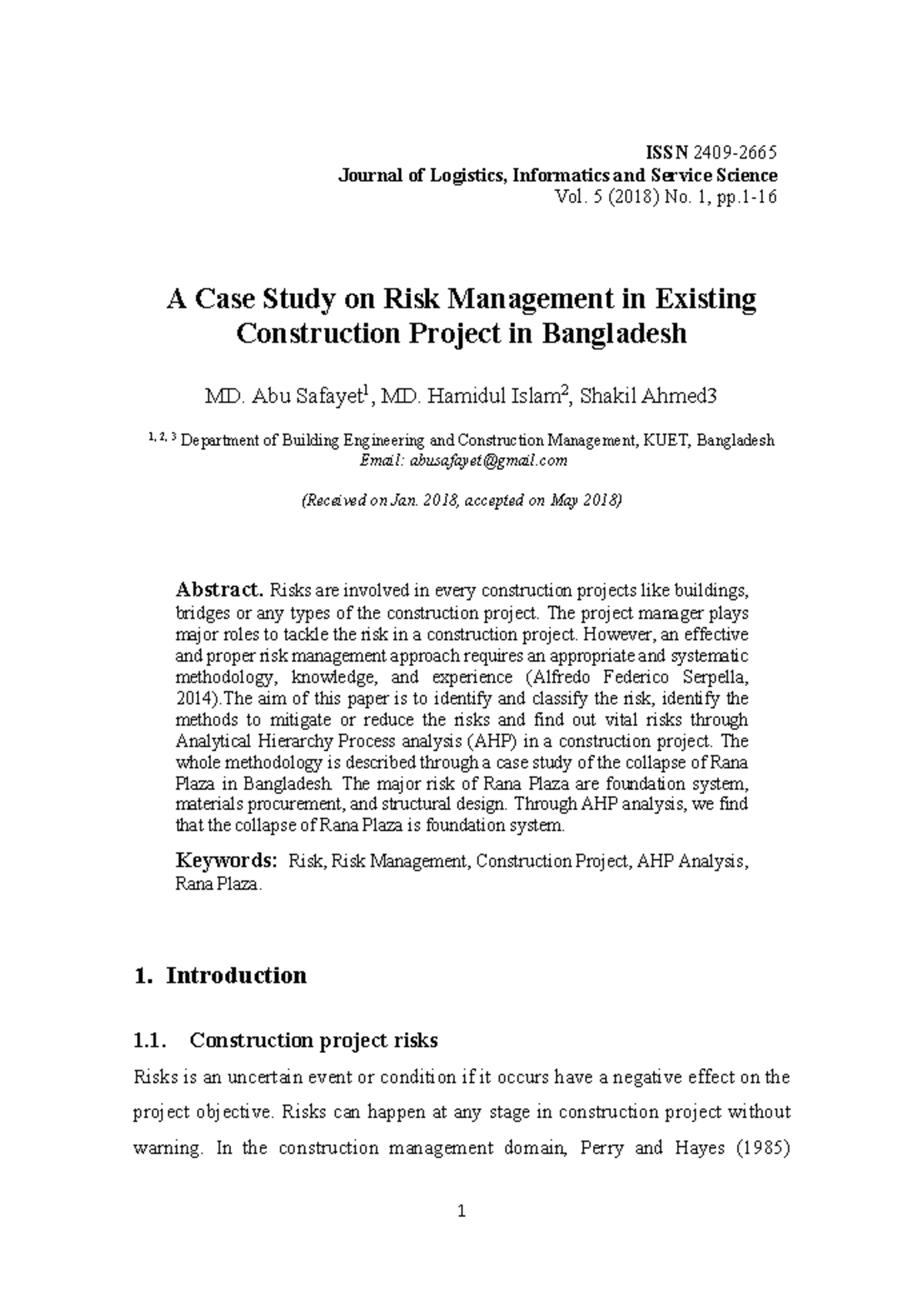 article risk assessment - A Case Study on Risk Management in Existing ...