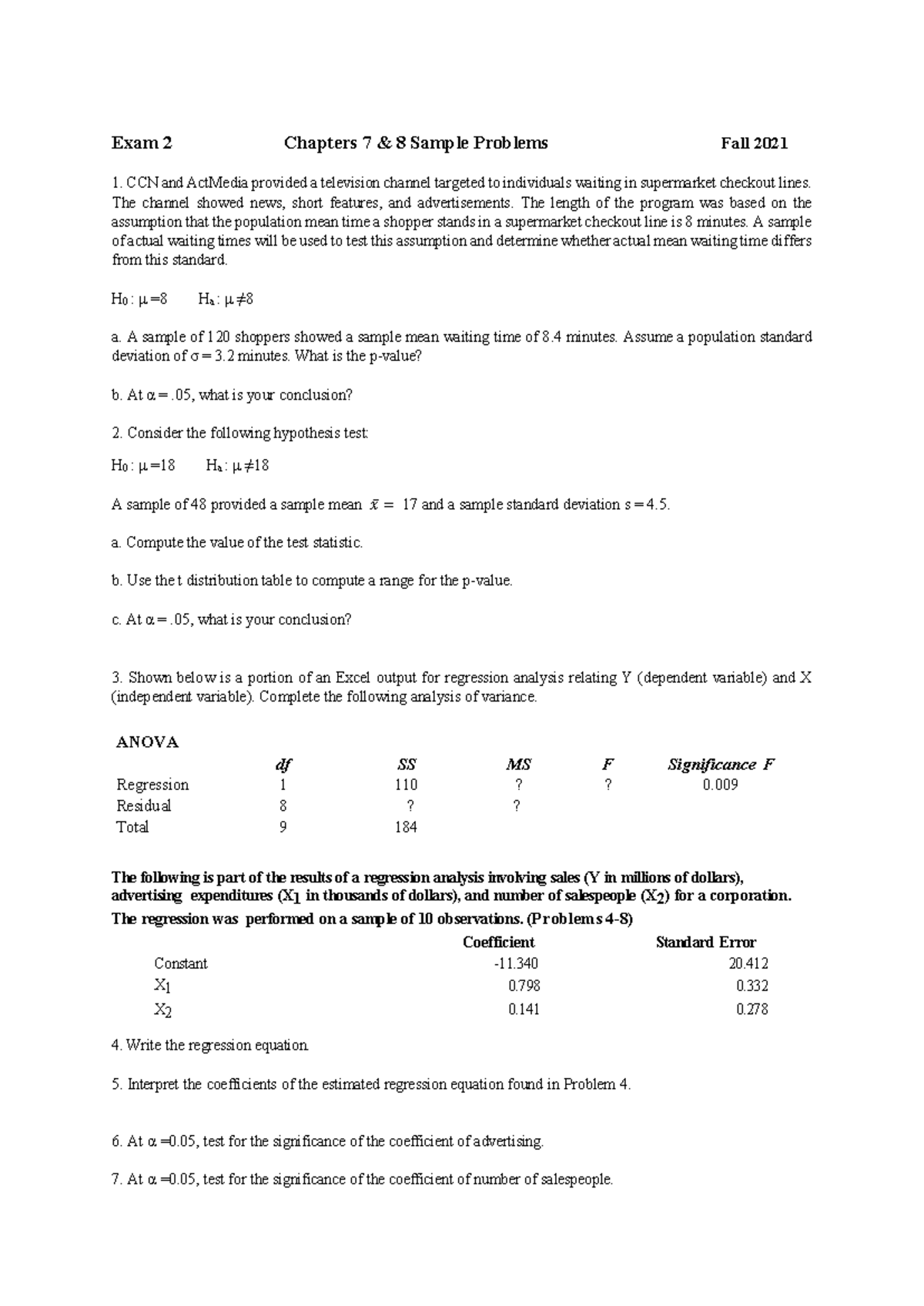 BUS 310 F 2021 Chapters 7&8 Sample Problems - Exam 2 Chapters 7 & 8 ...