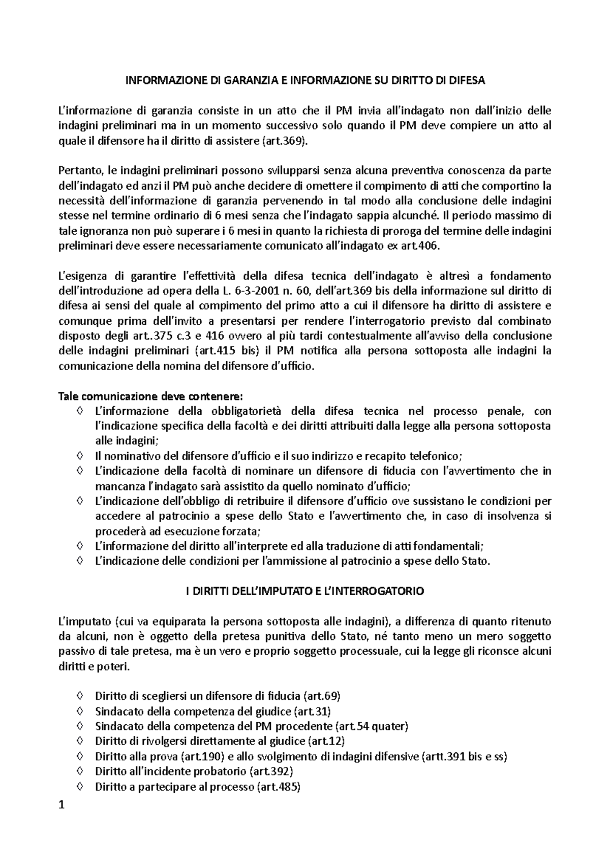Informazione DI Garanzia E Informazione SU Diritto DI Difesa ...