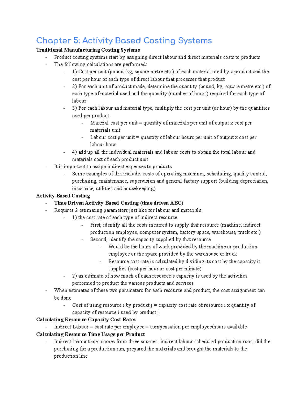 Accounting Quiz 4 Textbook Notes - Chapter 5: Activity Based Costing ...