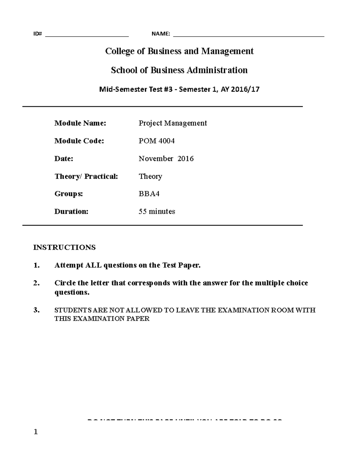 Project Management Test 2016, answers - College of Business and ...