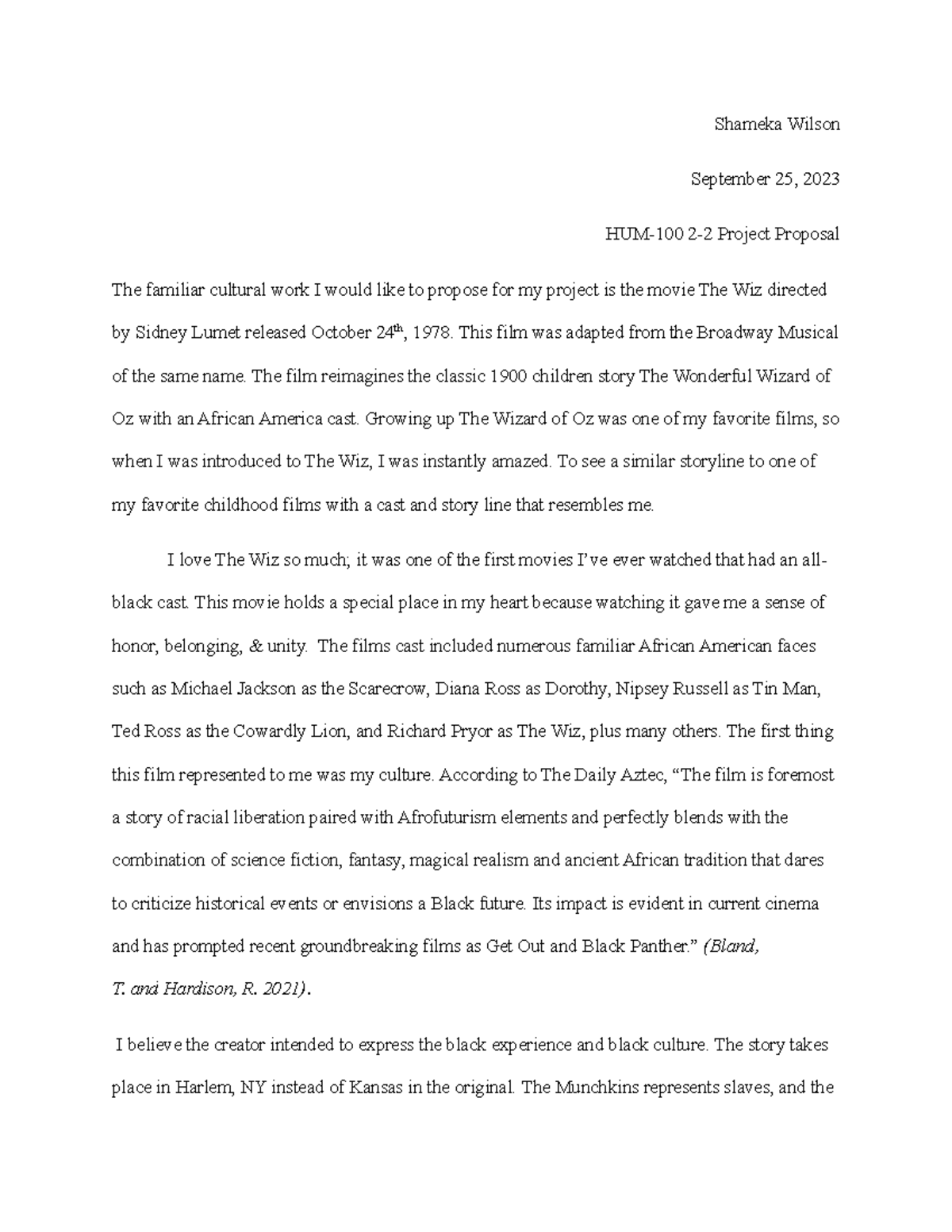 HUM-100 2-2 Project Proposal - Shameka Wilson September 25, 2023 HUM ...