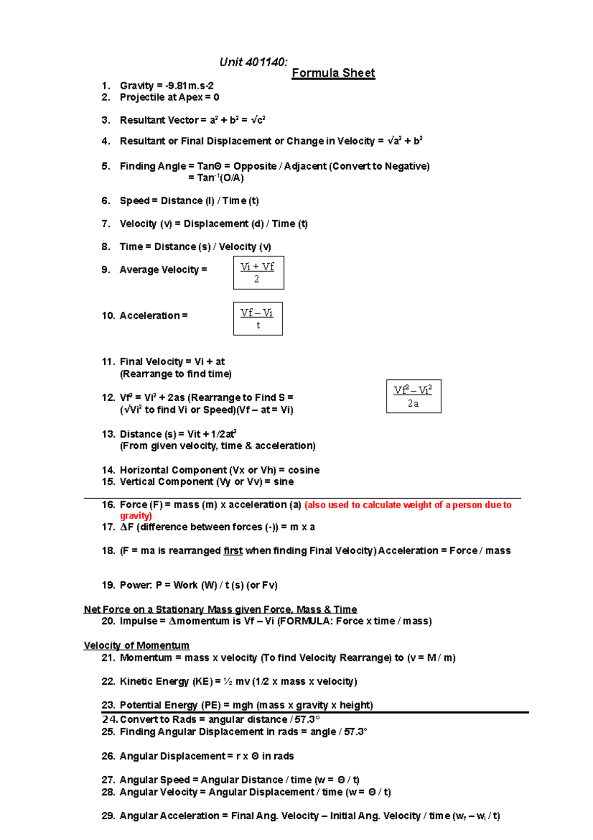 Biomechanics Formula Sheet - Unit 401140: Formula Sheet Gravity = -9 ...