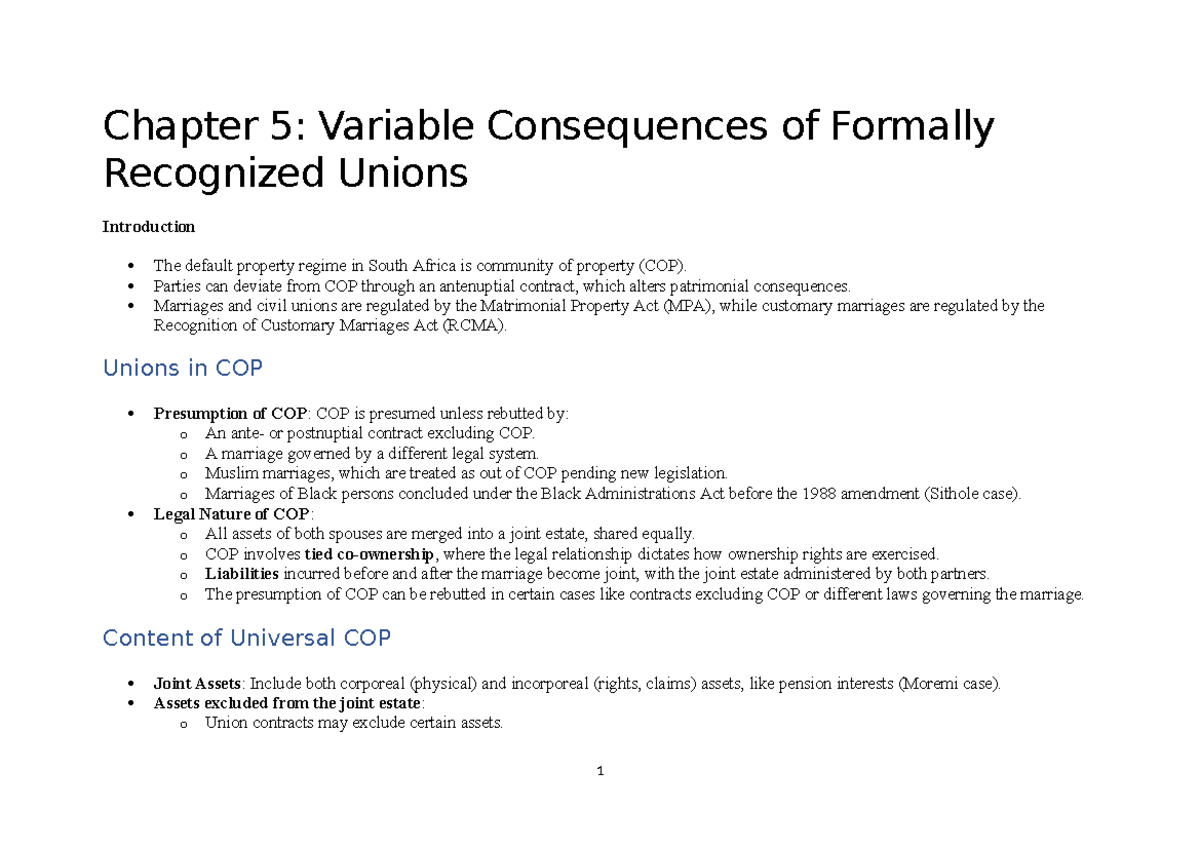 Summary of chap 5 - Chapter 5: Variable Consequences of Formally Recognized Unions Introduction ...
