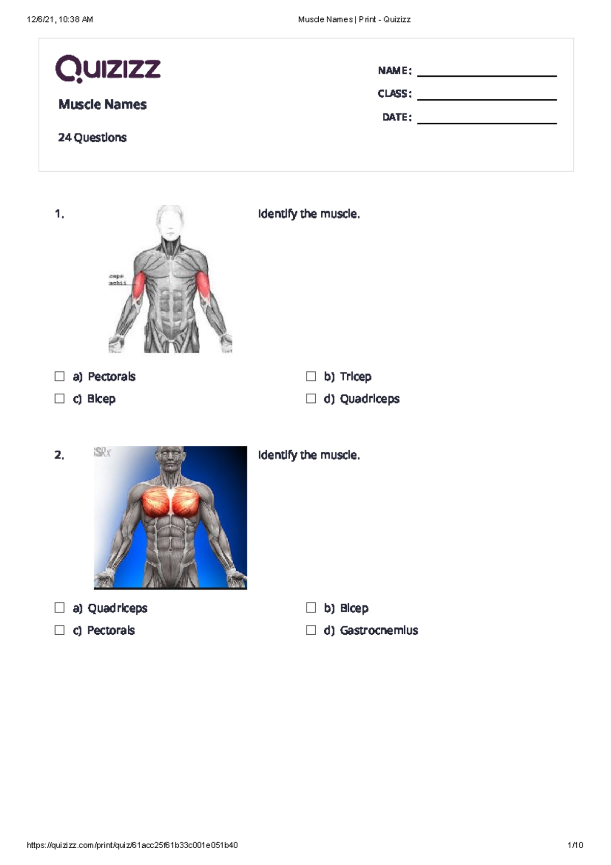 Muscle Names Print - Quizizz - NAME : CLASS : DATE : 1. 2. Muscle Names ...