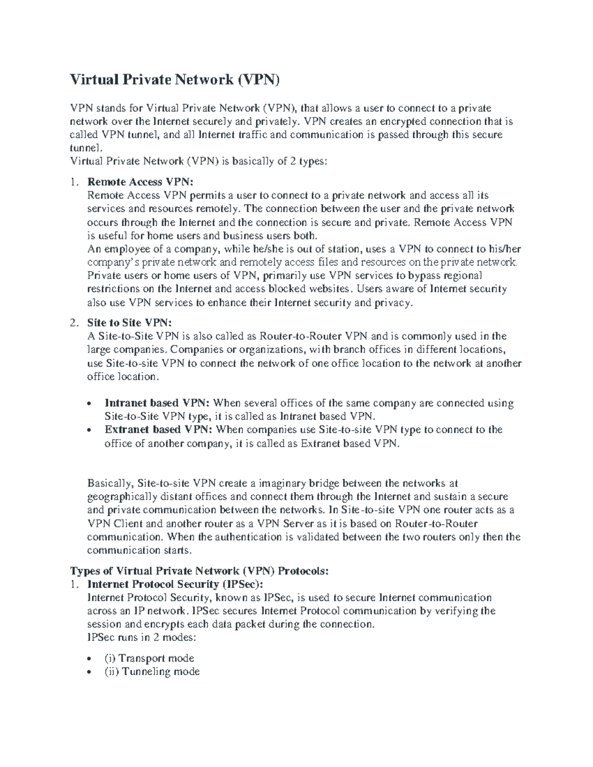 VPN - notes - Virtual Private Network (VPN) VPN stands for Virtual ...