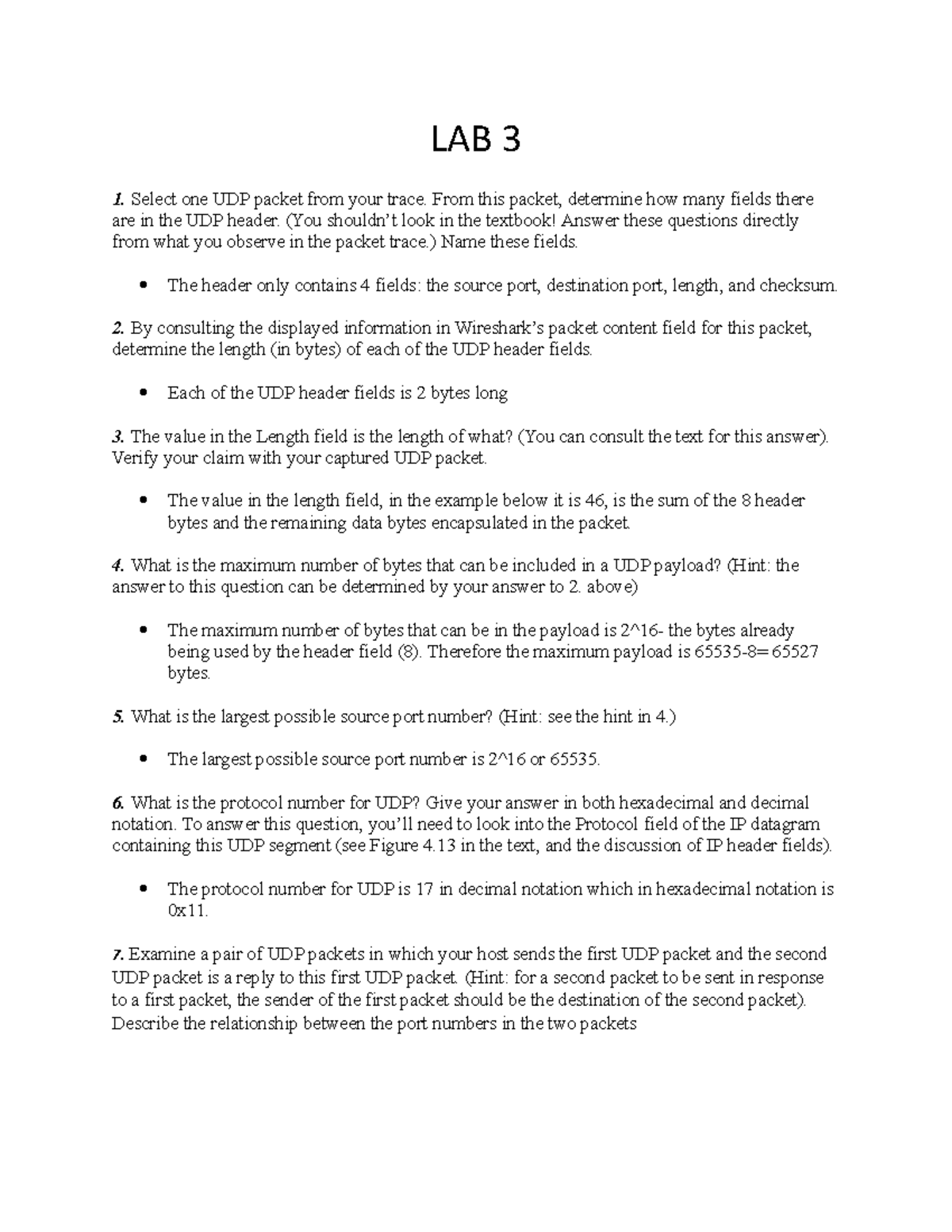 LAB3 computer networks - jelena misic - LAB 3 1. Select one UDP packet from your trace. From ...