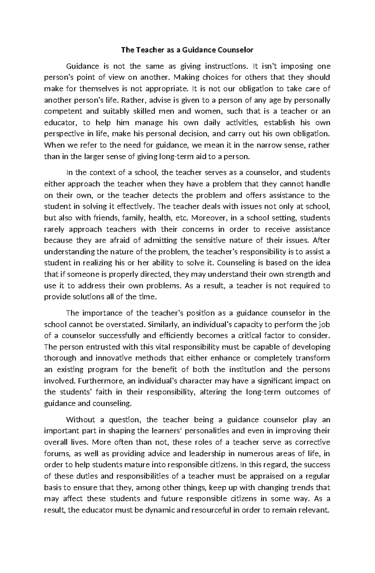 Essay - The Teacher as a Guidance Counselor - The Teacher as a Guidance ...