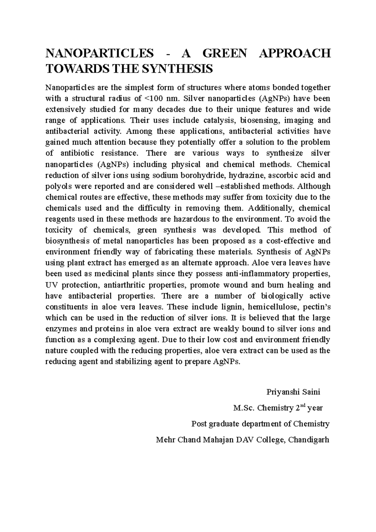 Nanoparticles poster - NANOPARTICLES - A GREEN APPROACH TOWARDS THE ...