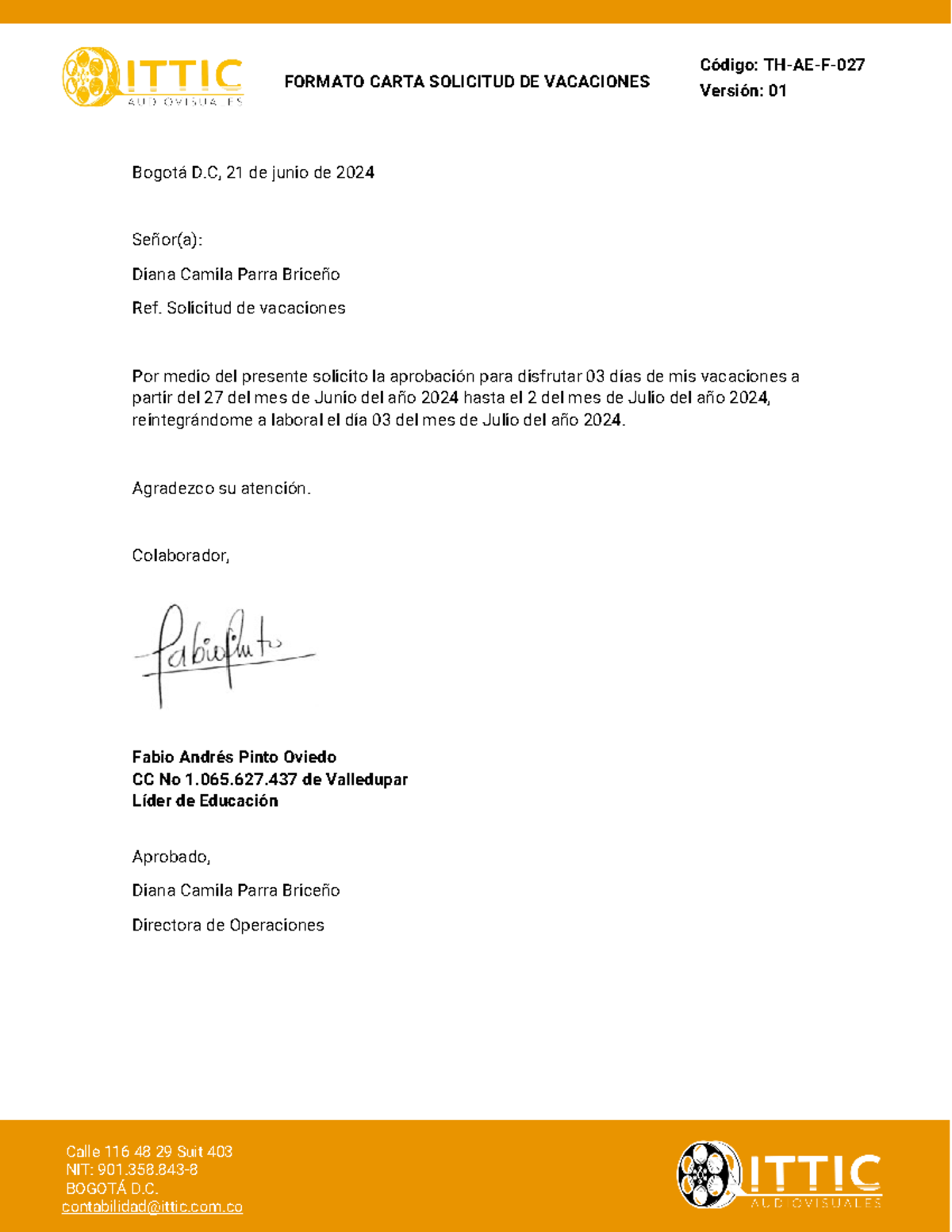 TH-AE-F-027- Formato carta solicitud de vacaciones Fabio Pinto - Calle 116 48 29 Suit 403 NIT ...
