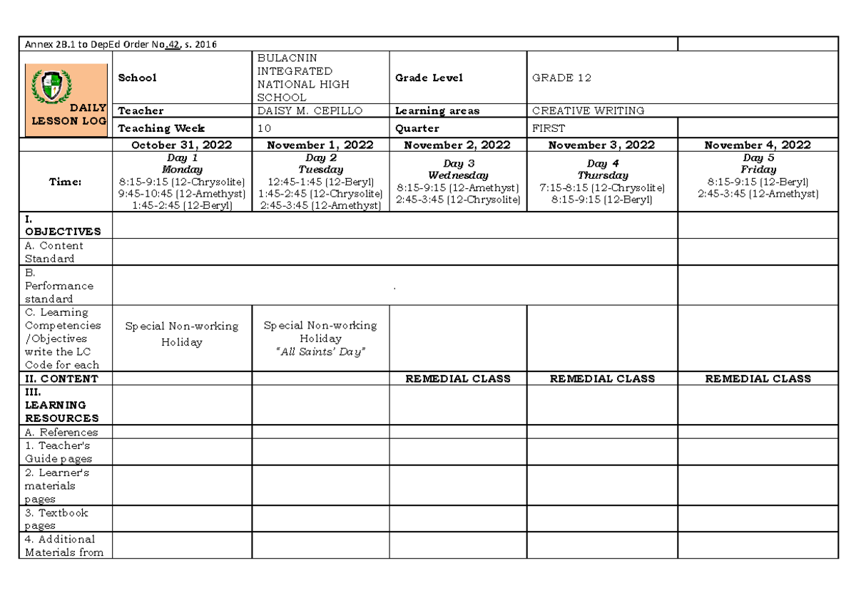 Remedial-WEEK-CW - Literary - Annex 2B to DepEd Order No, s. 2016 DAILY ...