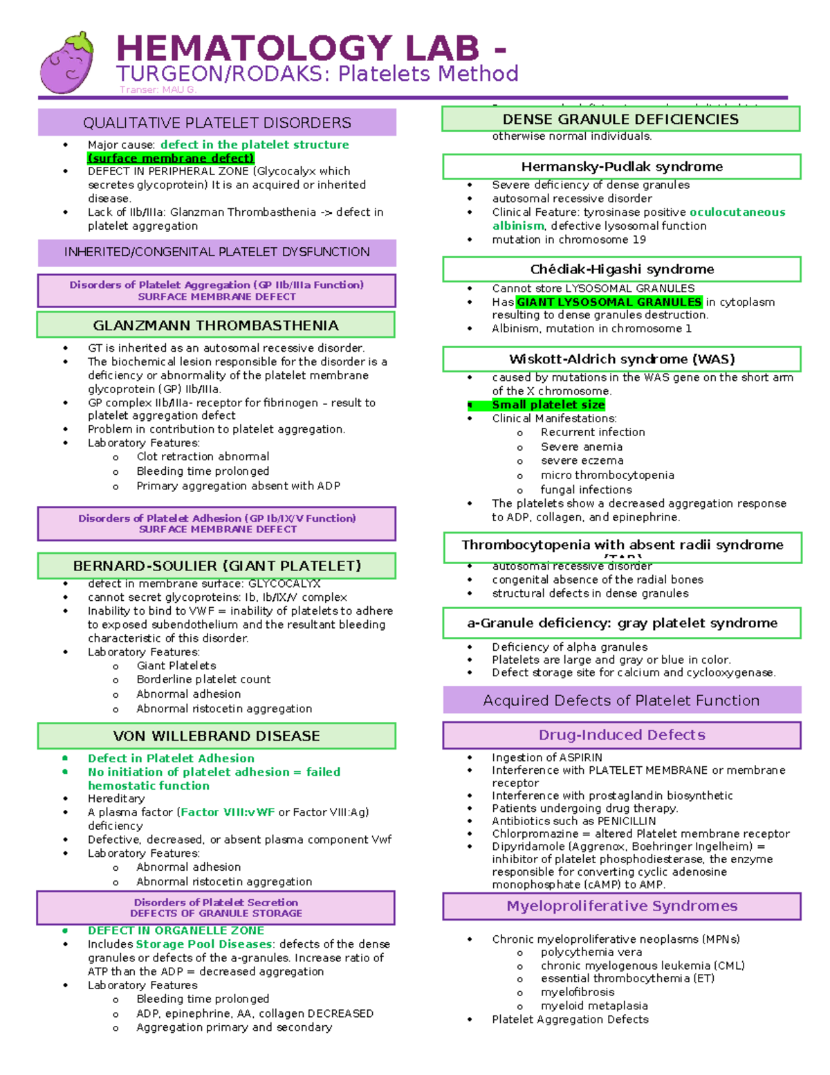 HEMA LAB - plt method - Major cause: defect in the platelet structure ...