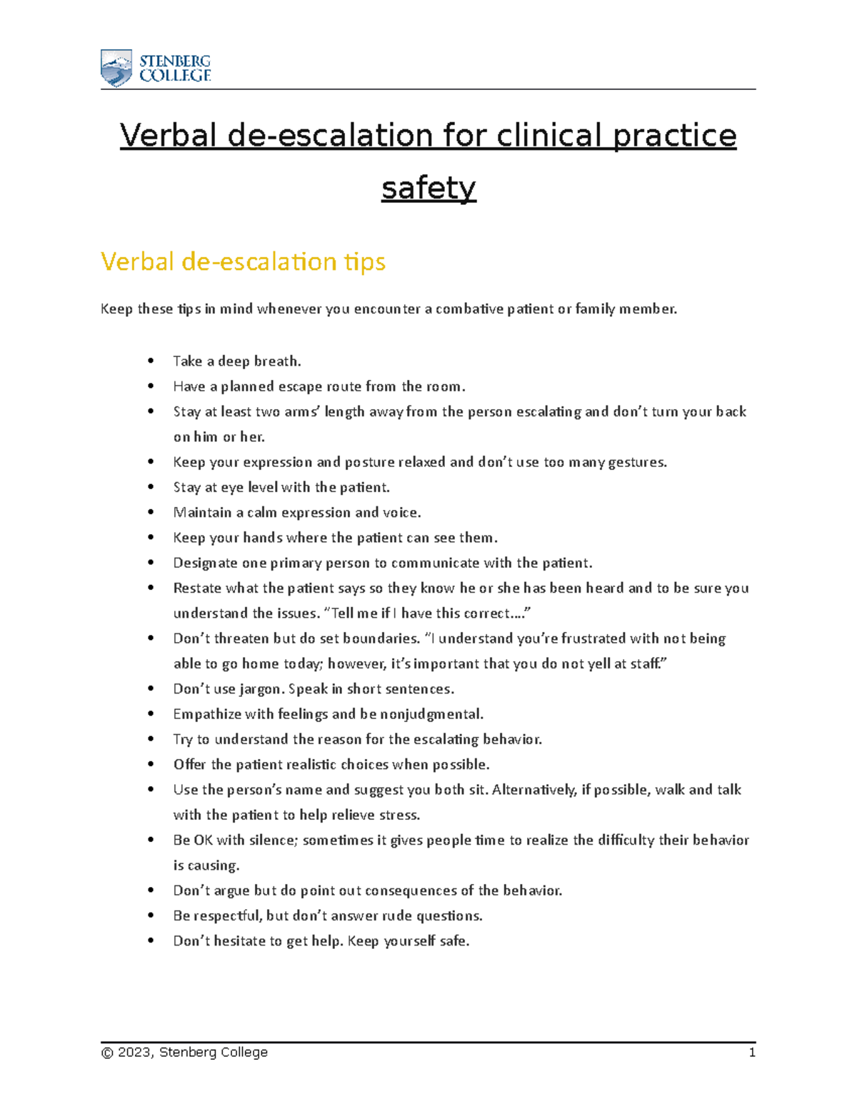 Verbal De-Escalation Techniques - Verbal de-escalation for clinical ...